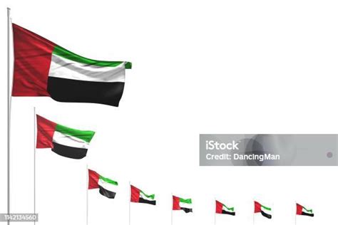 멋진 국가 휴일 깃발 3d 그림 많은 아랍 에미리트 플래그 텍스트에 대 한 공간을 가진 흰색 절연 대각선 배치 아랍에미리트 연합에 대한 스톡 사진 및 기타 이미지 Istock
