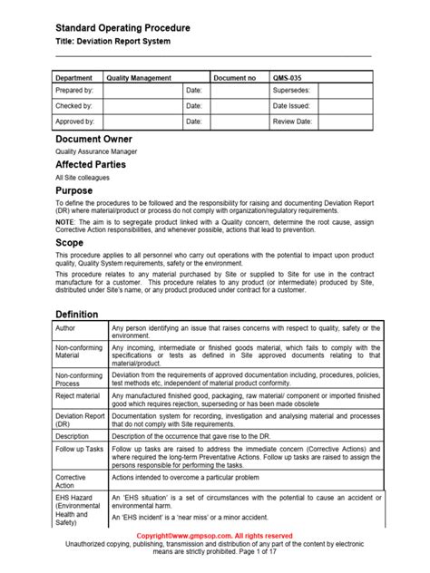 Qms 035 Deviation Report System Sample Pdf