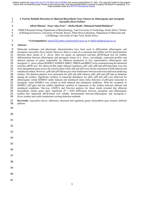 Pdf A Tool For Reliable Detection Of Aflatoxin Biosynthetic Gene Clusters In Aflatoxigenic And