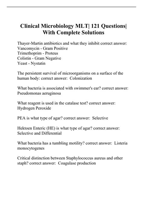 Clinical Microbiology Mlt 121 Questions With Complete Solutions Clinical Chemistry Stuvia Us