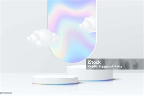 현실적인 흰색 실린더 받침대 연단 세트와 아치 모양 홀로그램 창구름이 있는 추상적인 3d 룸 제품 디스플레이 프레젠테이션을 위한 최소한의 장면입니다 벡터 기하학적 플랫폼