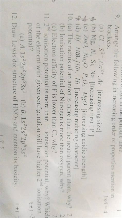 9 Arrange The Following In Increasing Order Of Properties Mention In Bra