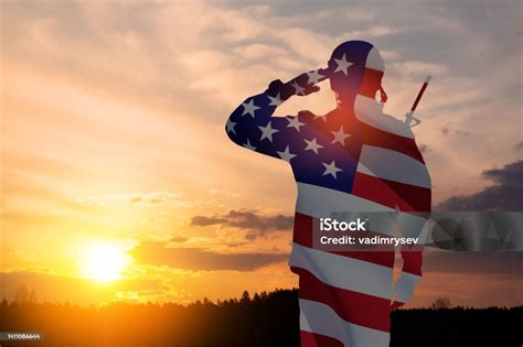 미국 국기 경례 패턴을 가진 군인의 실루엣 재향 군인의 날 현충일 독립 기념일을위한 인사말 카드 11월에 대한 스톡 사진 및 기타 이미지 Istock