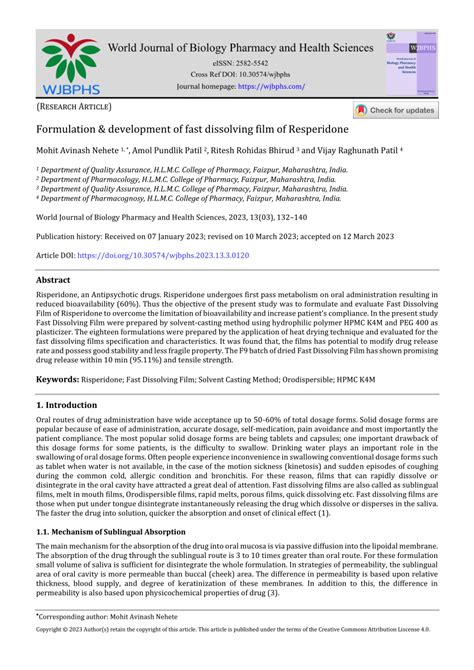 Pdf Formulation And Development Of Fast Dissolving Film Of Resperidone