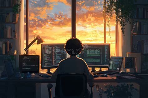 Young Coder Working From Home On Multiple Screens Programming Against