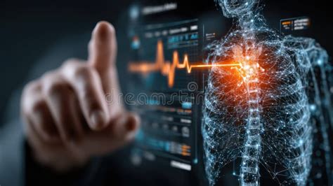 a hand interacts with a virtual interface displaying a digital representation of the human