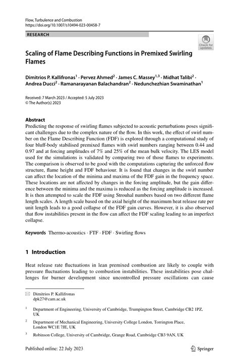 Pdf Scaling Of Flame Describing Functions In Premixed Swirling Flames
