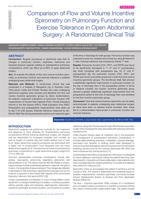 Pdf Comparison Of Flow And Volume Incentive Spirometry On Pulmonary Function And Exercise