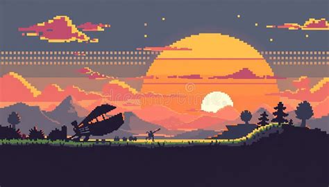 Pixel Art Landscape Sunset Sunrise Over Hills Nostalgic Retro 8 Bit