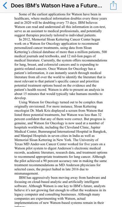 Solved Does IBM S Watson Have A Future In Business IBM Is Chegg Com