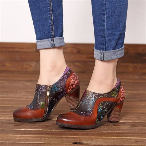 Socofy Color Match Genuine Leather Splicing Flowers Pattern Stitching