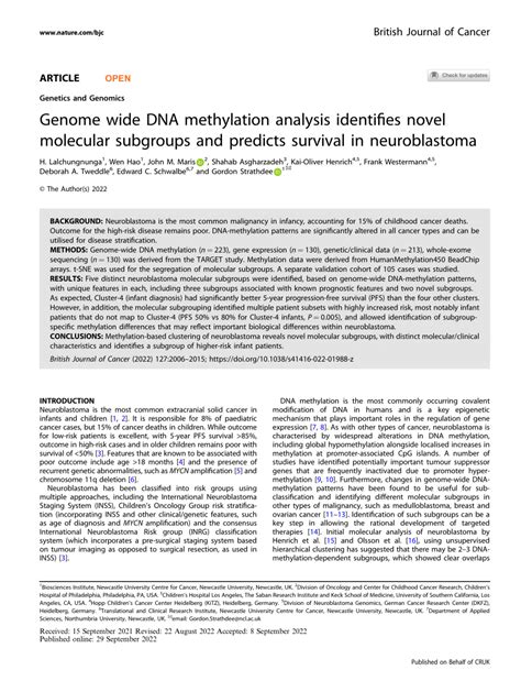 Pdf Genome Wide Dna Methylation Analysis Identifies Novel Molecular Subgroups And Predicts