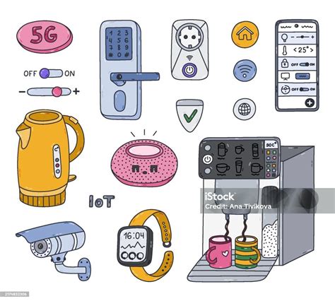 오락 요리 안전한 가정을 위한 똑똑한 장치의 다채로운 개략 세트 전화 음성 조수를 통해 원격 제어를 가진 손으로 그린 정보 기계 백색으로 고립된 사물 인터넷 Brand