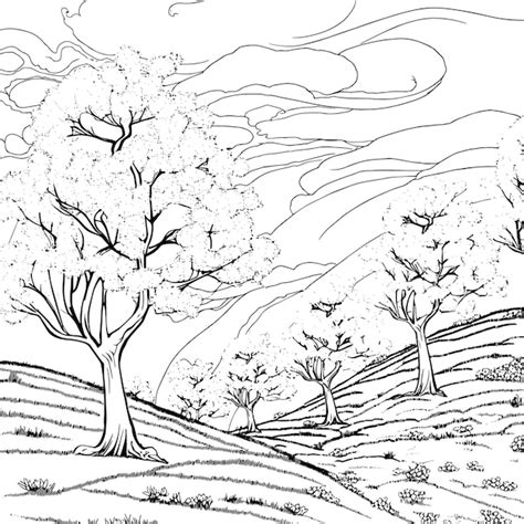 A Drawing Of Trees In A Field With A Sky Background Premium Ai