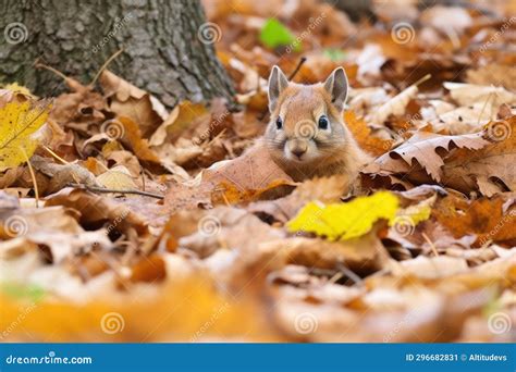 Squirrel Burrowing Under Fallen Autumn Leaves Stock Image Image Of
