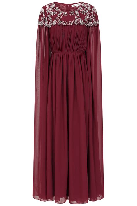Aruna Burgundy Embellished Cape Sleeve Maxi Dress Frock And Frill