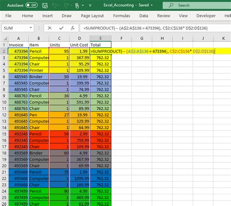 Excel Find The Sumproduct Of All Unique Values Of A Specific Column Stack Overflow