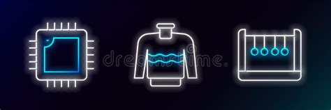 Set Line Pendulum Processor With Cpu And Sweater Icon Glowing Neon