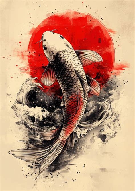Koi In The Red Sun Stock Illustration Illustration Of Poster 342228681