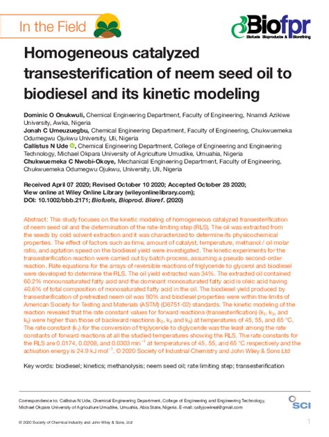Pdf Homogeneous Catalyzed Transesterification Of Neem Seed Oil To Biodiesel And Its Kinetic