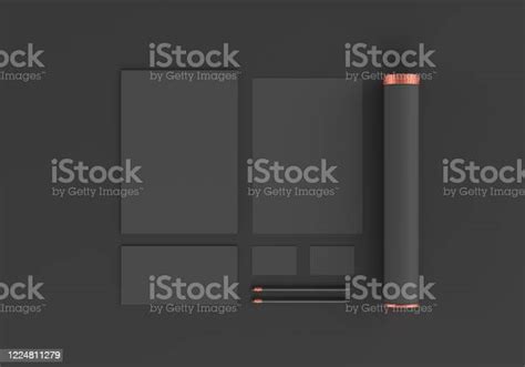 그래픽 디자이너 프리젠 테이션 및 포트폴리오어두운 배경에 정체성을 브랜딩하기위한 기본 검은 색 문구 모형 템플릿 3d 렌더링 0명에 대한 스톡 사진 및 기타 이미지 Istock