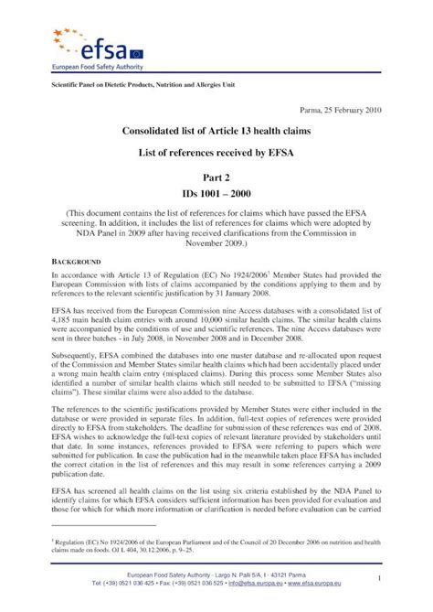 Pdf 27673111 Efsa Evaluation Of Article 13 Claims List Of References Part 2 Dokumentips