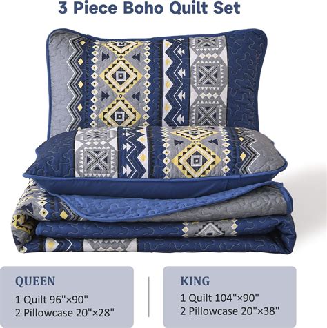 Boho Aztec Navy And Grey Reversible 3 Piece Quilt Set Maxtona
