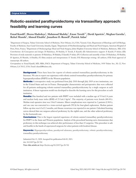 Pdf Robotic Assisted Parathyroidectomy Via Transaxillary Approach Feasibility And Learning Curves