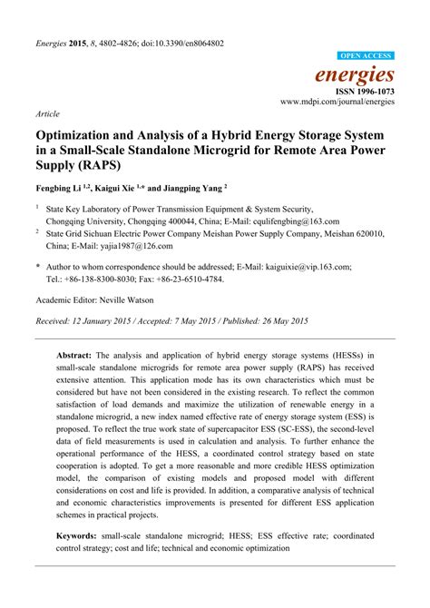 Pdf Optimization And Analysis Of A Hybrid Energy Storage System In A Small Scale Standalone