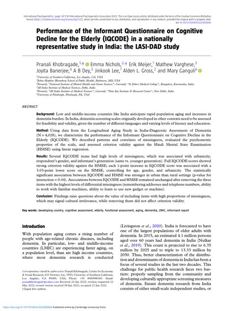 Pdf Performance Of The Informant Questionnaire On Cognitive Decline For The Elderly Iqcode