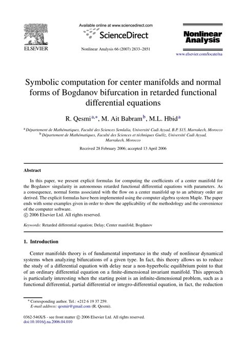 Pdf Symbolic Computation For Center Manifolds And Normal Forms Of Bogdanov Bifurcation In