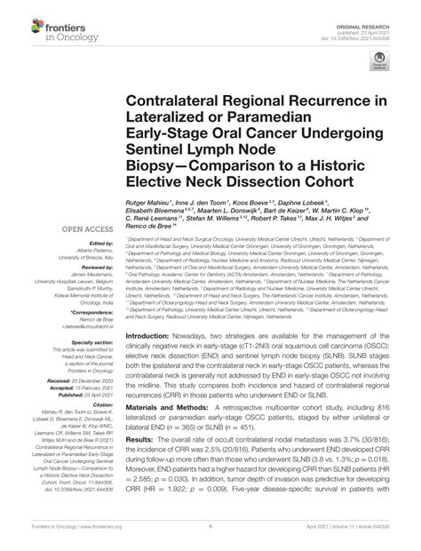 Pdf Contralateral Regional Recurrence In Lateralized Or Paramedian Early Stage Oral Cancer