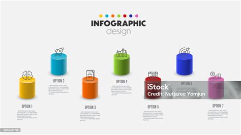 인포그래픽을 위한 벡터 원통형 타임라인 다이어그램 그래프 프레젠테이션 및 7가지 옵션이 있는 비즈니스 컨셉 차트용 템플릿 0명에