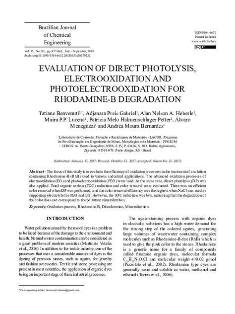 Pdf Evaluation Of Direct Photolysis Electrooxidation And Photoelectrooxidation For Rhodamine