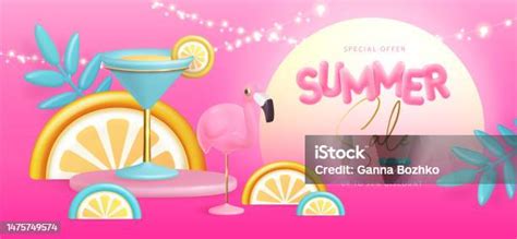 여름 큰 판매 타이포그래피 포스터에는 3d 플라스틱 텍스트 플라밍고 코스모폴리탄 칵테일이 있습니다 여름 배경입니다 벡터 그림 3차원 형태에 대한 스톡 벡터 아트 및 기타