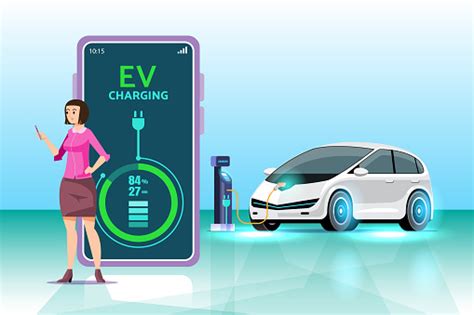 전기 자동차의 충전 상태를 알려주는 모바일 애플리케이션 Ev 자동차 관리를위한 모바일 애플리케이션 전기 자동차 충전의 개념 전기 자동차 대체 연료 차량에 대한 스톡 벡터