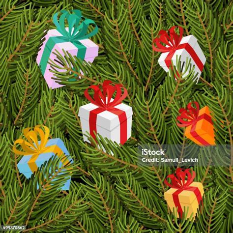 스프루스 Twigs 및 선물함 연속무늬 크리스마스 트리 및 페스티벌 2015년에 대한 스톡 벡터 아트 및 기타 이미지