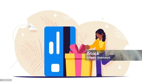 할인 카드 고객 충성도 프로그램 사람들은 은행 카드의 배경에 활이있는 상자에 선물을받습니다 구매자 또는 고객을 만족 벡터 절연 그림입니다 가리키기에 대한 스톡 벡터 아트 및