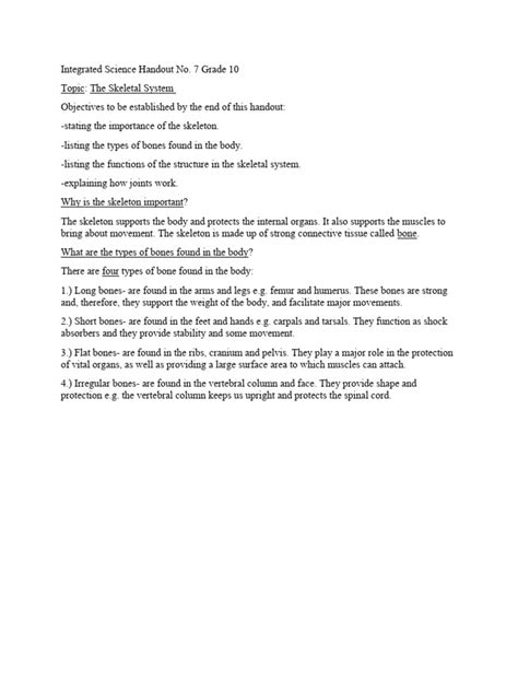 Integrated Science Handout No 7 The Skeletal System Pdf Skeleton