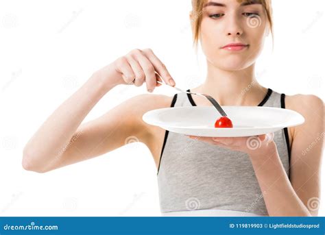 Attractive Slim Woman Eating Tiny Cherry Tomato Stock Image Image Of