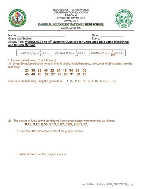 Worksheet20 Quantiles For Ungrouped Data Mendalhall And Sincich