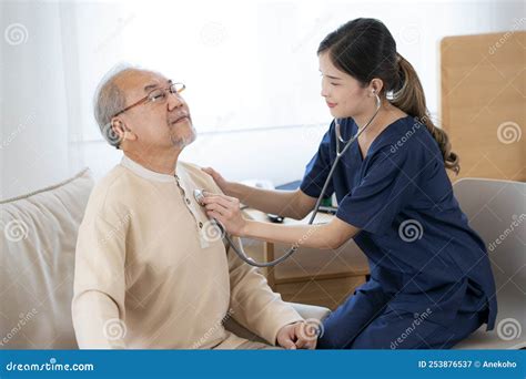 Asian Old Man Yearly Check With Stethoscope Stock Image Image Of Nurse Disease 253876537