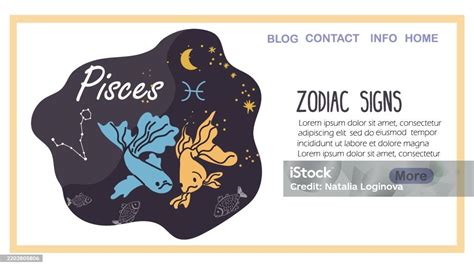 물고기 자리 조디악 표지판 두 마리의 물고기 점성술 아이콘이있는 방문 페이지 조디악 표지판 별자리 상징 난해한 천상 손으로 그린 벡터 그림입니다 12세기에 대한 스톡 벡터