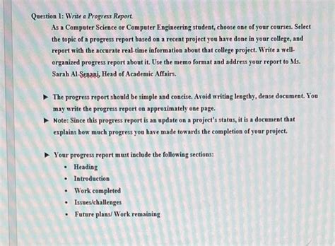 Question 1 Write A Progress Report As A Computer