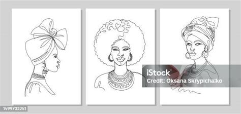 귀걸이와 목 장신구를 가진 아프리카 여성의 초상화 세트 머리를 감싼 여자 라인 아트 연속 라인 벽 예술 등을 위한 민족 디자인 흰색으로 분리된 벡터 그림입니다 낙서 드로잉에