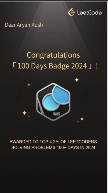 100daysofcoding Leetcodejourney 365daysofcoding Learningneverstops Aryan Kush