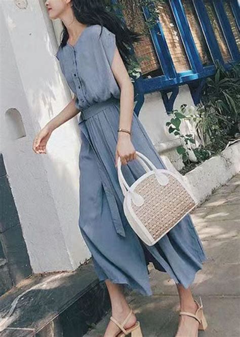 Blue Patchwork Cotton Maxi Dresses O Neck Tie Waist Summer Soolinen