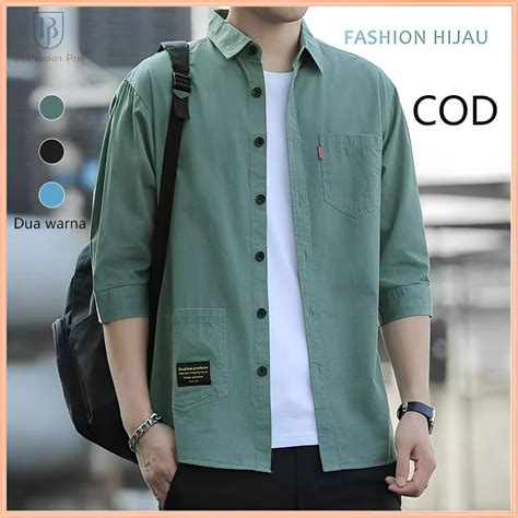 Jual Kemeja Pria Lengan Pendek Kasual Pria Korean Style Kemeja Cowok Fashion Kemeja Hijau Atasan