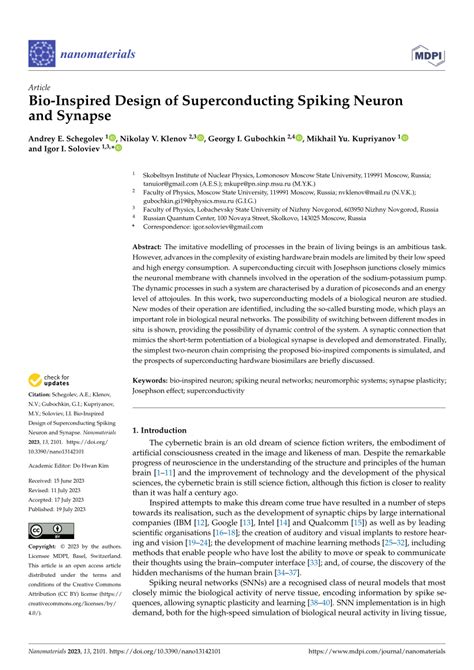 Pdf Bio Inspired Design Of Superconducting Spiking Neuron And Synapse