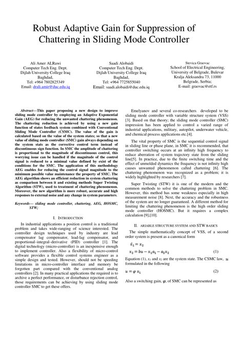 Pdf Robust Adaptive Gain For Suppression Of Chattering In Sliding Mode Controller